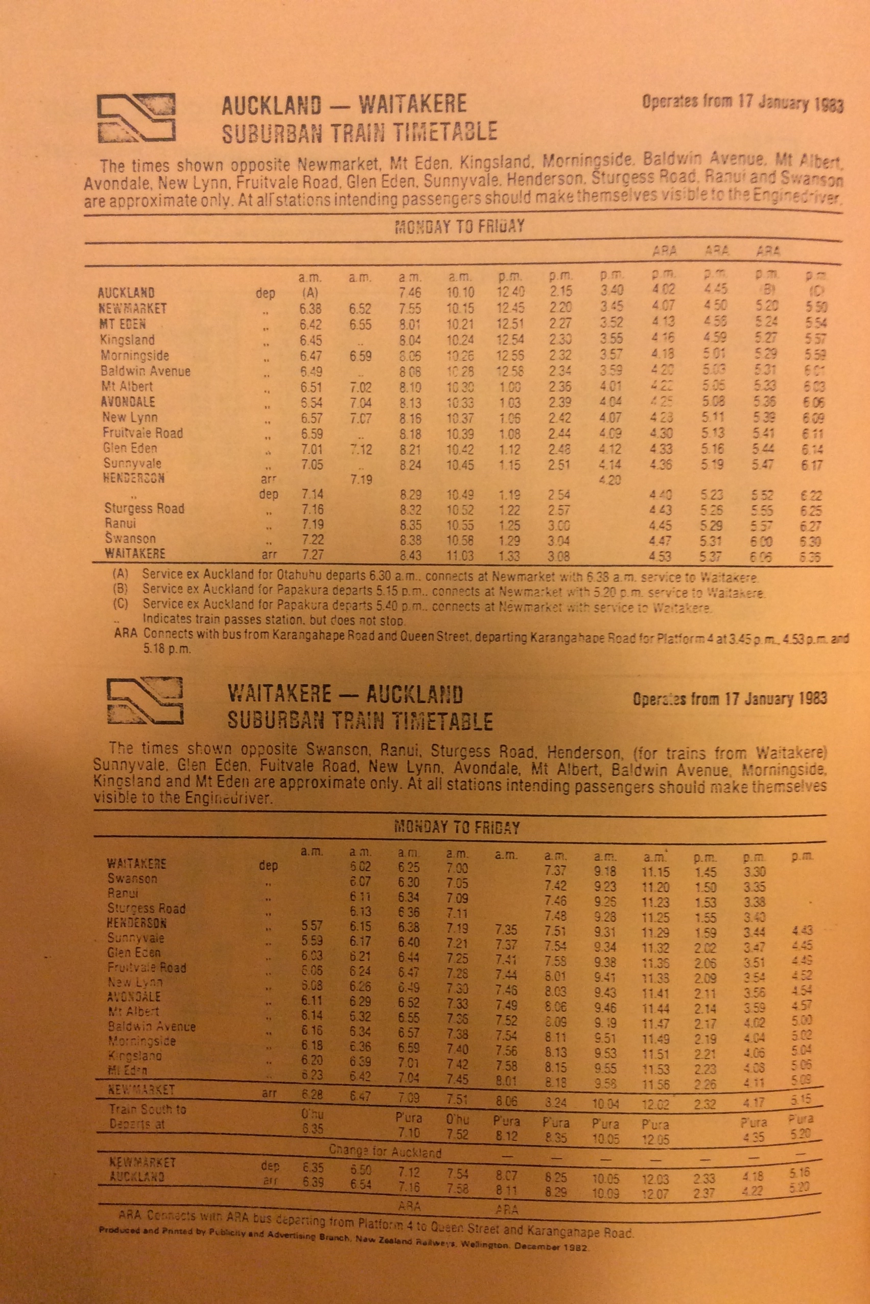 1983 Western Line timetable - Greater Auckland