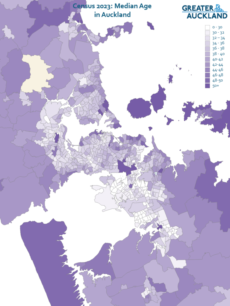2023 Census - Auckland Median Age map - Greater Auckland
